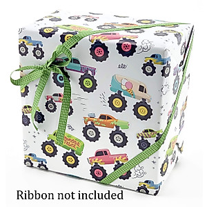 Monster Truck Party Birthday Gift Wrap Paper Folded Flat 30 x 20 Inch, 3 Sheets