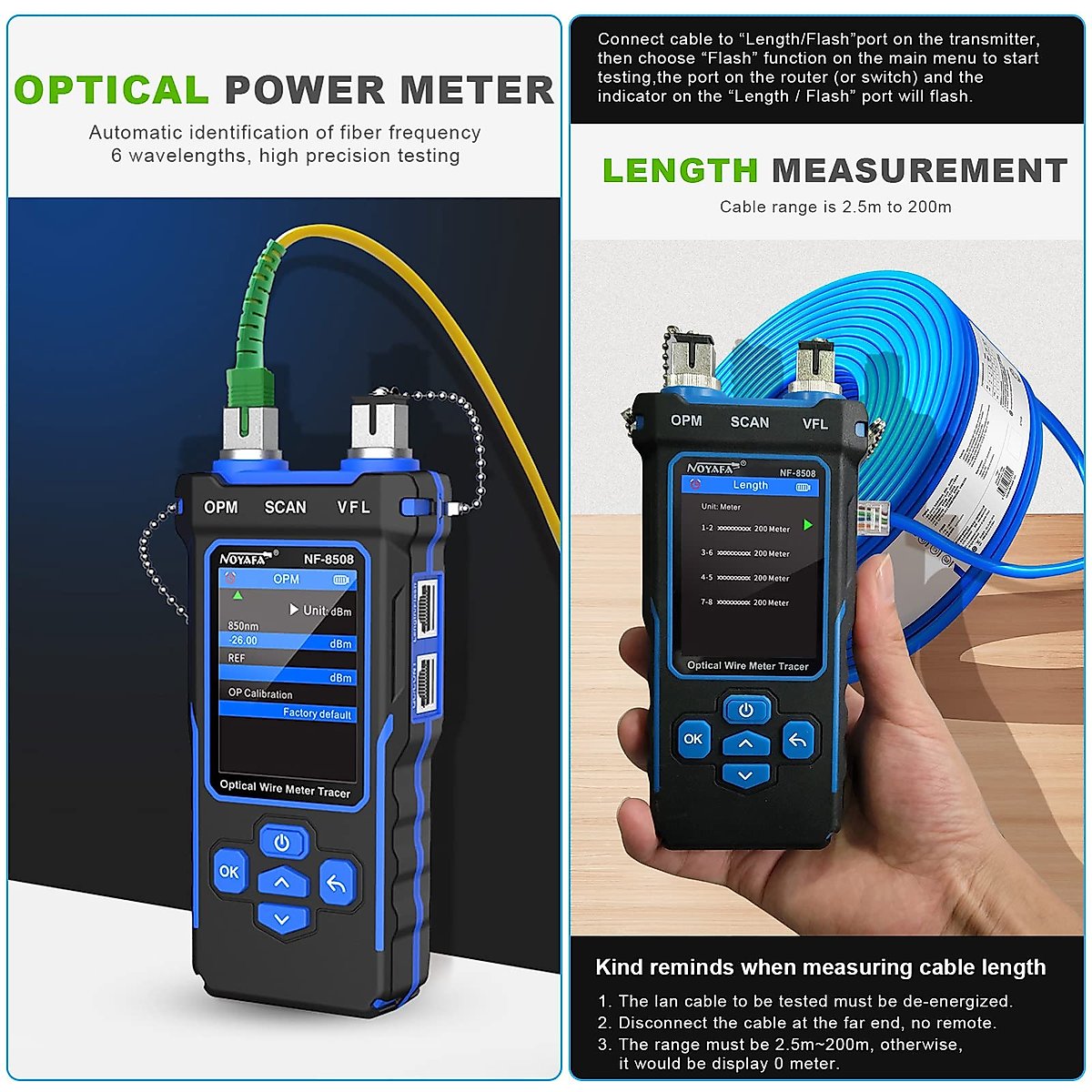 NOYAFA Network Cable Tester with Optical Power Meter VFL, CAT5 CAT6 Cable Toner Ethernet Cable Tester, RJ11 RJ45 Network Tester for Telephone, Ethernet, Video, PoE Tester Wire Tracer Fiber Tester