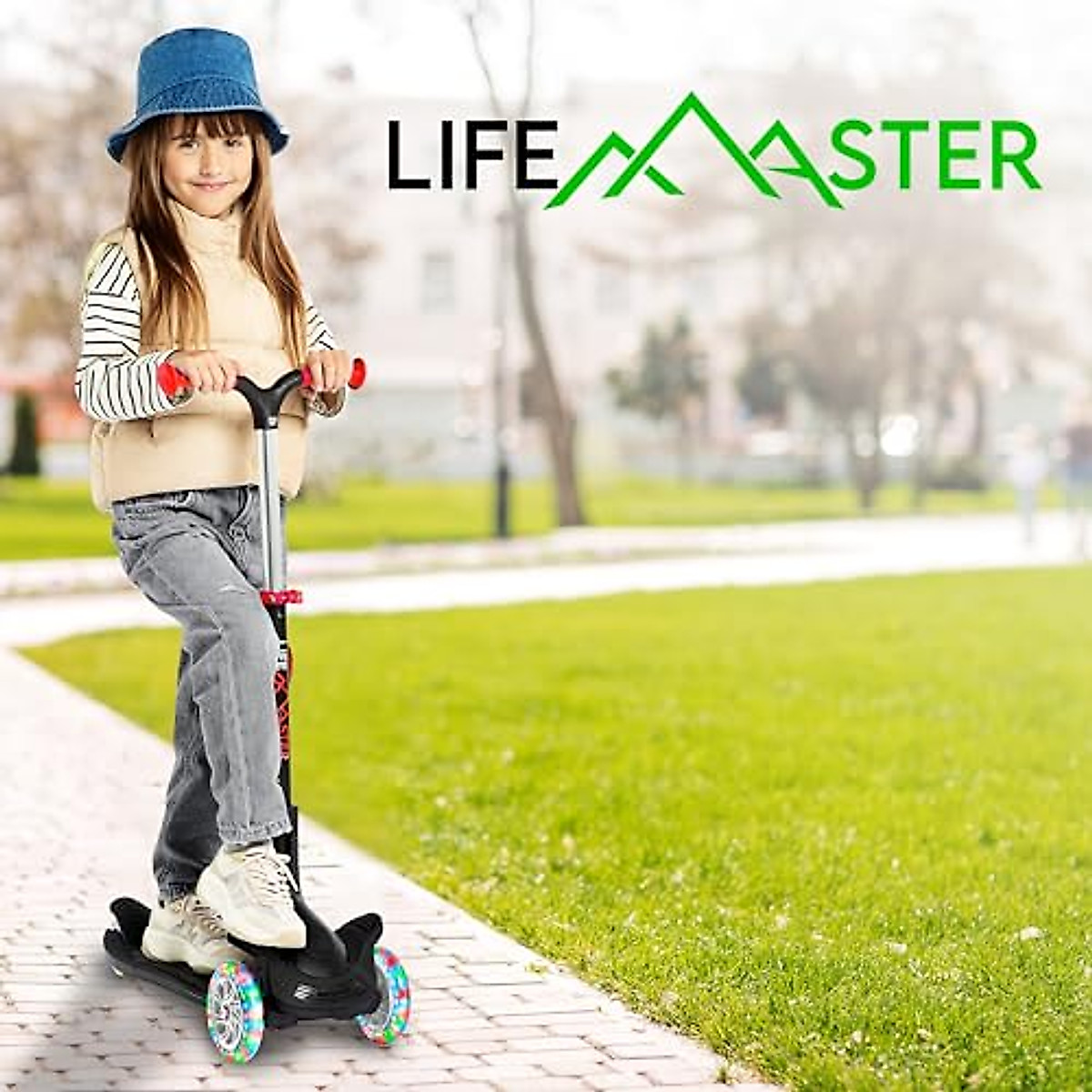 Kids Scooter – Foldable Seat – LED Wheel Lights Illuminate When Rolling – Children and Toddler 3 Wheel Kick Scooter – Adjustable Handlebar – Indoor and Outdoor- Pink - by Lifemaster