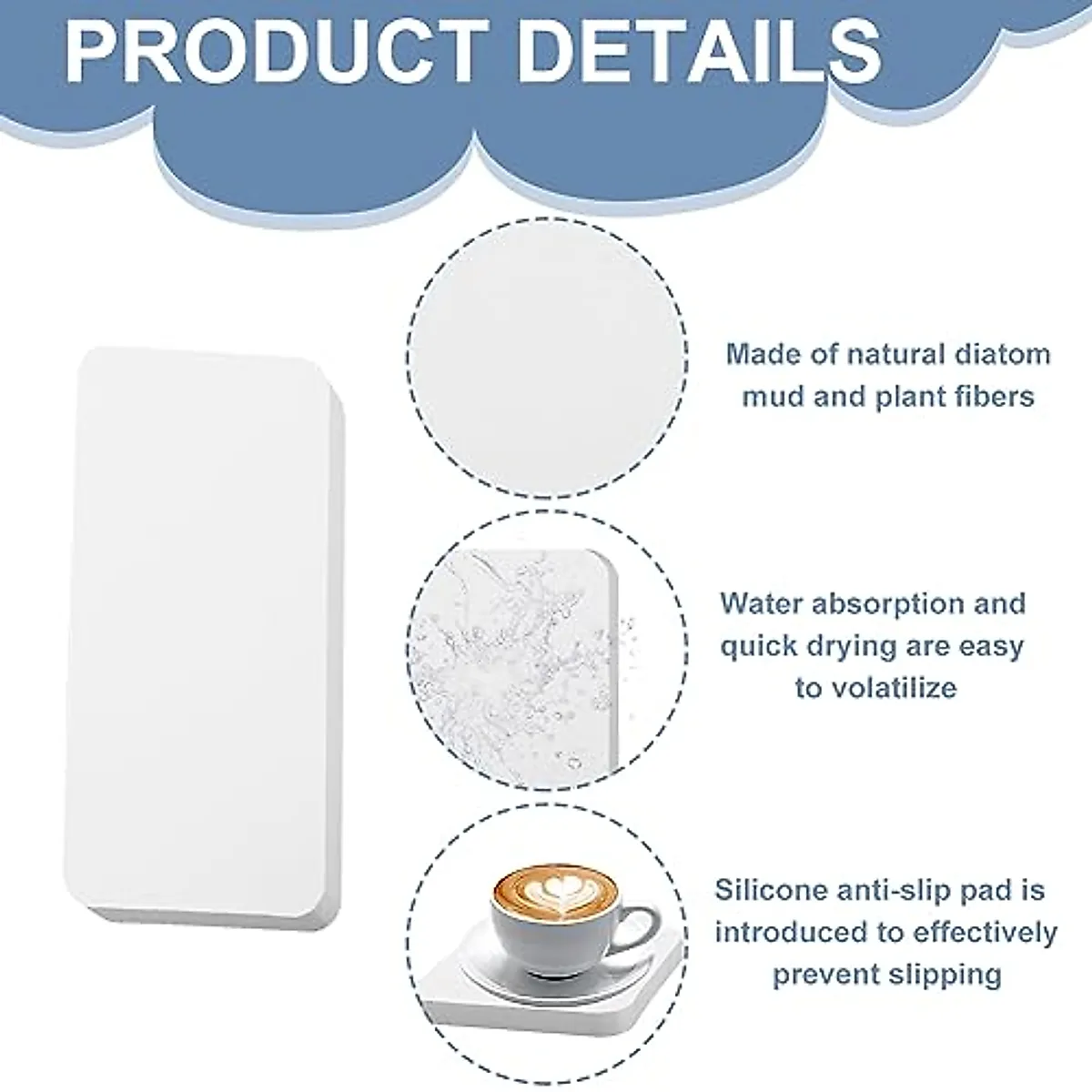 5PCS Water Absorbent Diatomite Coasters, Diatomaceous Earth Coaster Instant Dry Sink Organizer Water Absorbing Stone Tray for Sink, for Bathroom Kitchen Sink Countertop(White)