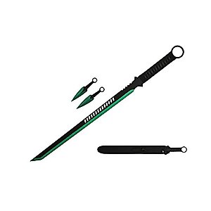 Wartech K1020-65-GR 440 Stainless Steel Full Tang Blade Ninja Hunting Machete Sword with Throwing Knives (2 Piece), 27", Green