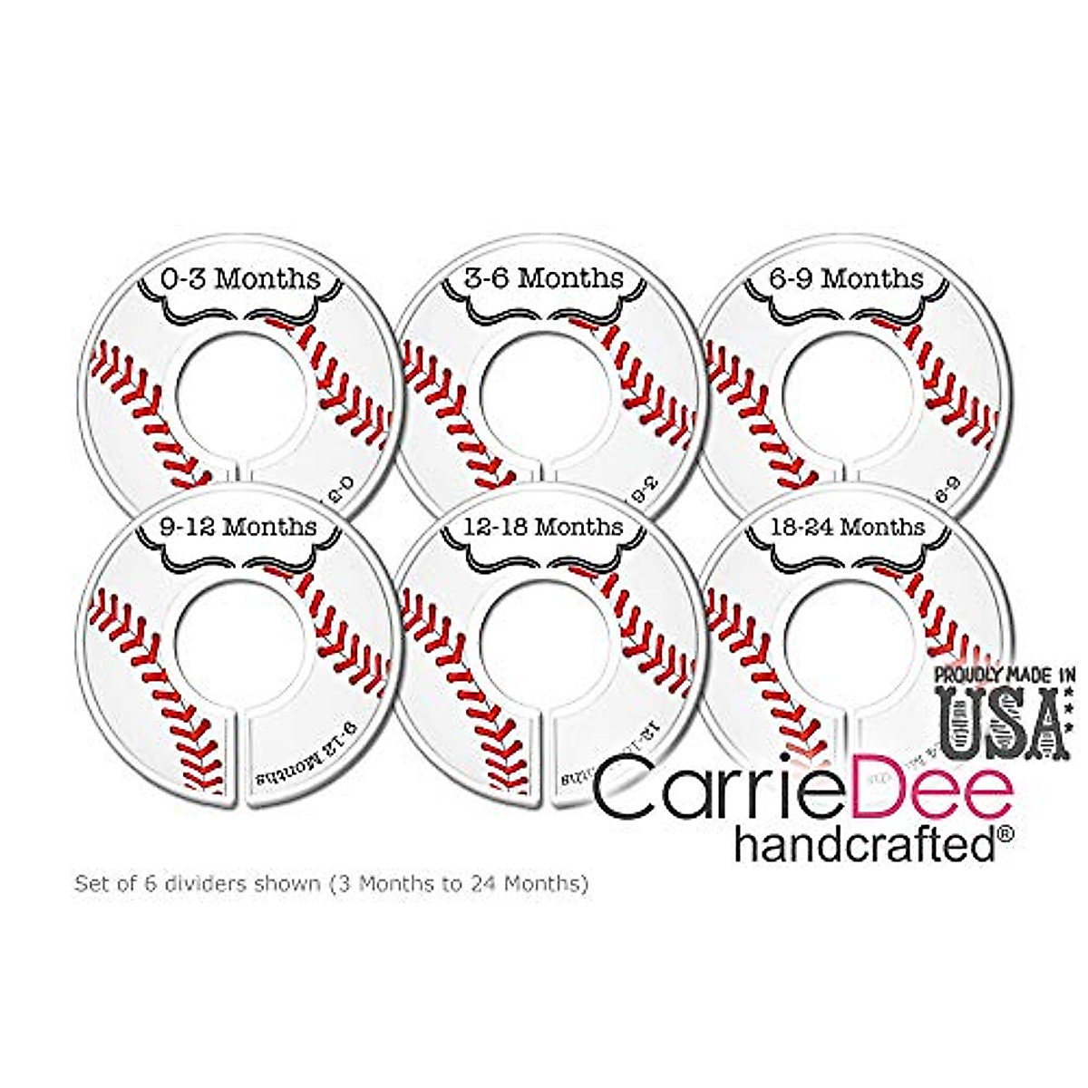 CarrieDee Handcrafted Baseball Nursery Closet Size Dividers, Boys Baseball Baby Clothes Organizers, Sports Theme Nursery (Set of 6 (0-3m to 18-24m))