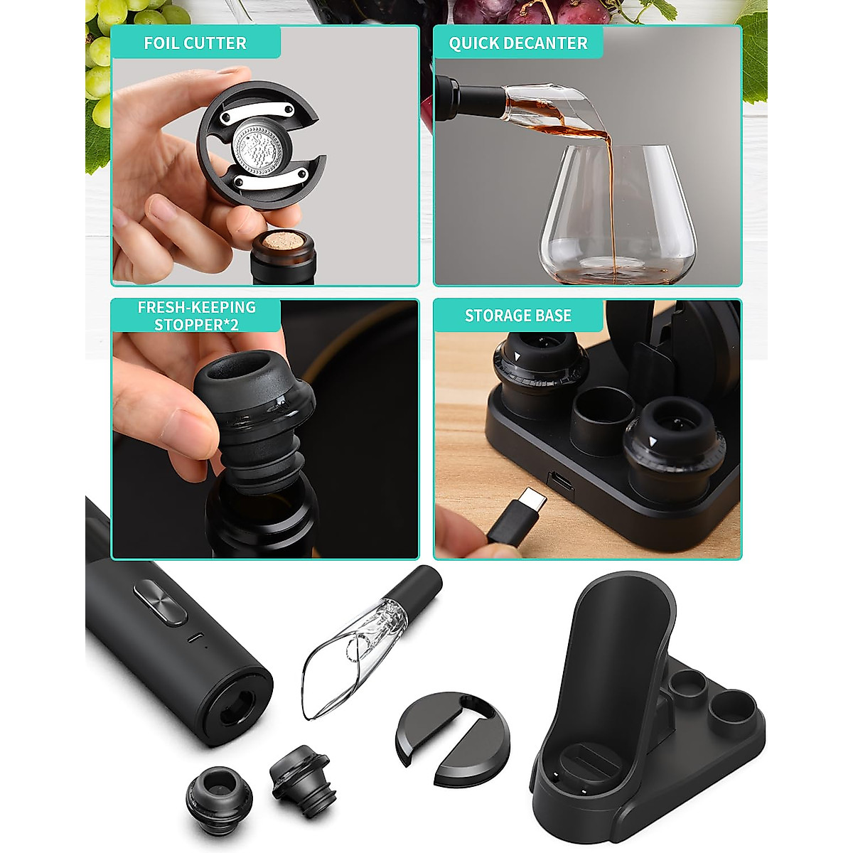CIRCLE JOY Rechargeable Wine Opener Electric Wine Bottle Opener 7-in-1 Wine Gift Set with Electric Vacuum Pump, Charging Station, Foil Cutter, Wine Aerator Pourer and 2 Wine Stoppers