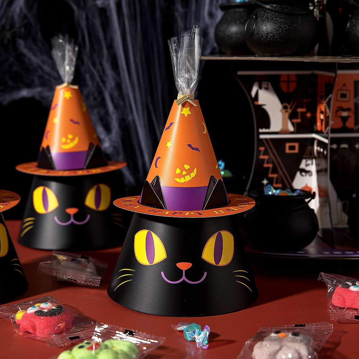 PARBEE Halloween Treat Boxes 20 Set Black Cat Candy Box with Cellophane Cookie Bags & Twist Ties, Trick or Treat Goodie Bags Halloween Party Tabeltop Centerpiece