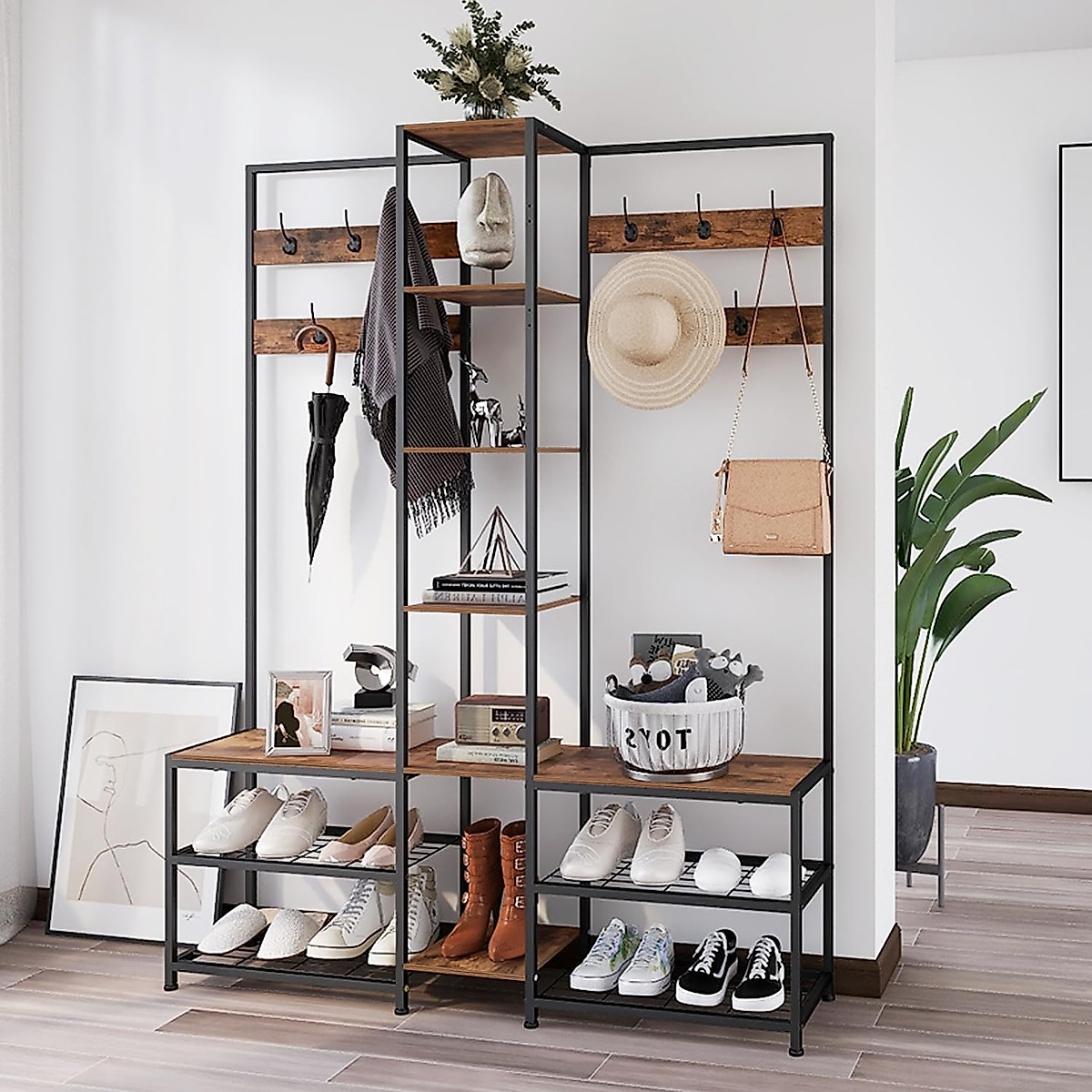 GiftGo Corner Hall Tree with Shoe Rack Storage Bench Display Open Shelves Modern Industrial Entryway Coat Rack Stand for Home Living Room Mudroom Bedroom Multifunctional 5 in 1 (Rustic Brown)