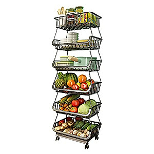 6 Tier Fruit Vegetable Storage Basket, Stackable Metal Wire Basket with Wheels, Fruit and Vegatable Storage Cart, Potato and Onion Storage Bin for Kitchen, Bathroom, Bedroom