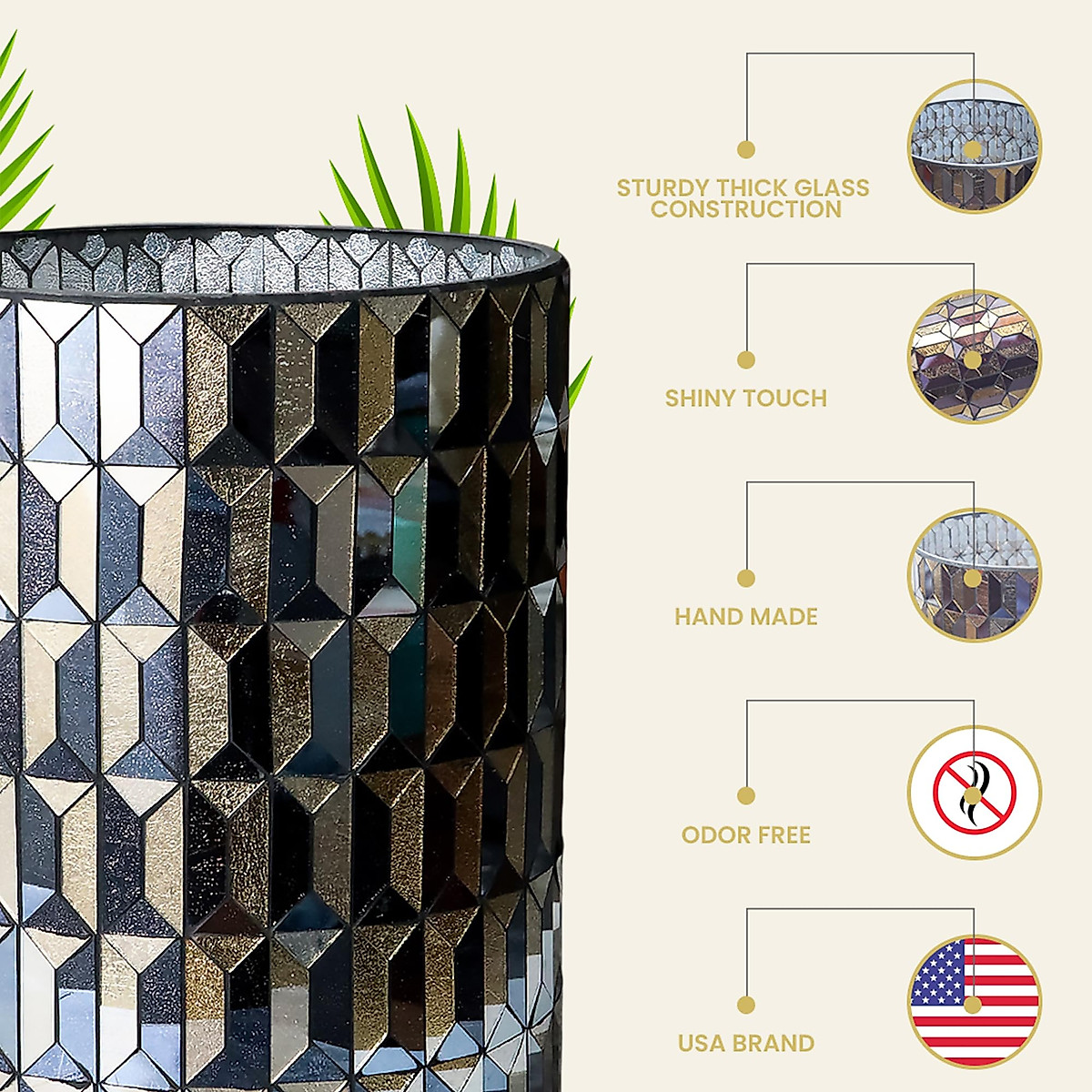 Escenzy Modern Bathroom Trash Can Mosaic Glass 6L | Decorative Small Garbage Can | 8" x 10" | Luxury Waste Basket for Bathroom, Office, Bedroom & Kitchen | Shiny Black and Gold Bathroom Accessories
