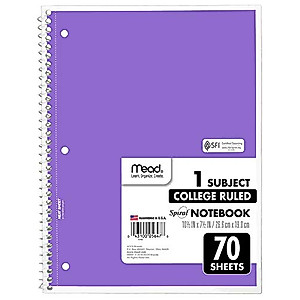 Mead Spiral Notebooks, 6 Pack, 1-Subject, College Ruled Paper, 10-1/2" x 8”, 70 Sheets per Notebook, Assorted Colors (73065)…