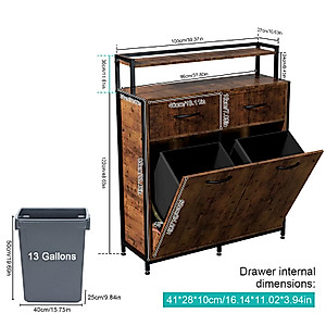 HSSZXFR Dual Tilt Out Trash Cabinet, Hidden Trash Bin Cabinet with 2 Drawers and Shelf, Large Kitchen Trash Bin Cabinet MDF board, Laundry Hamper Cabinet Free Standing Holder 10 Gallon