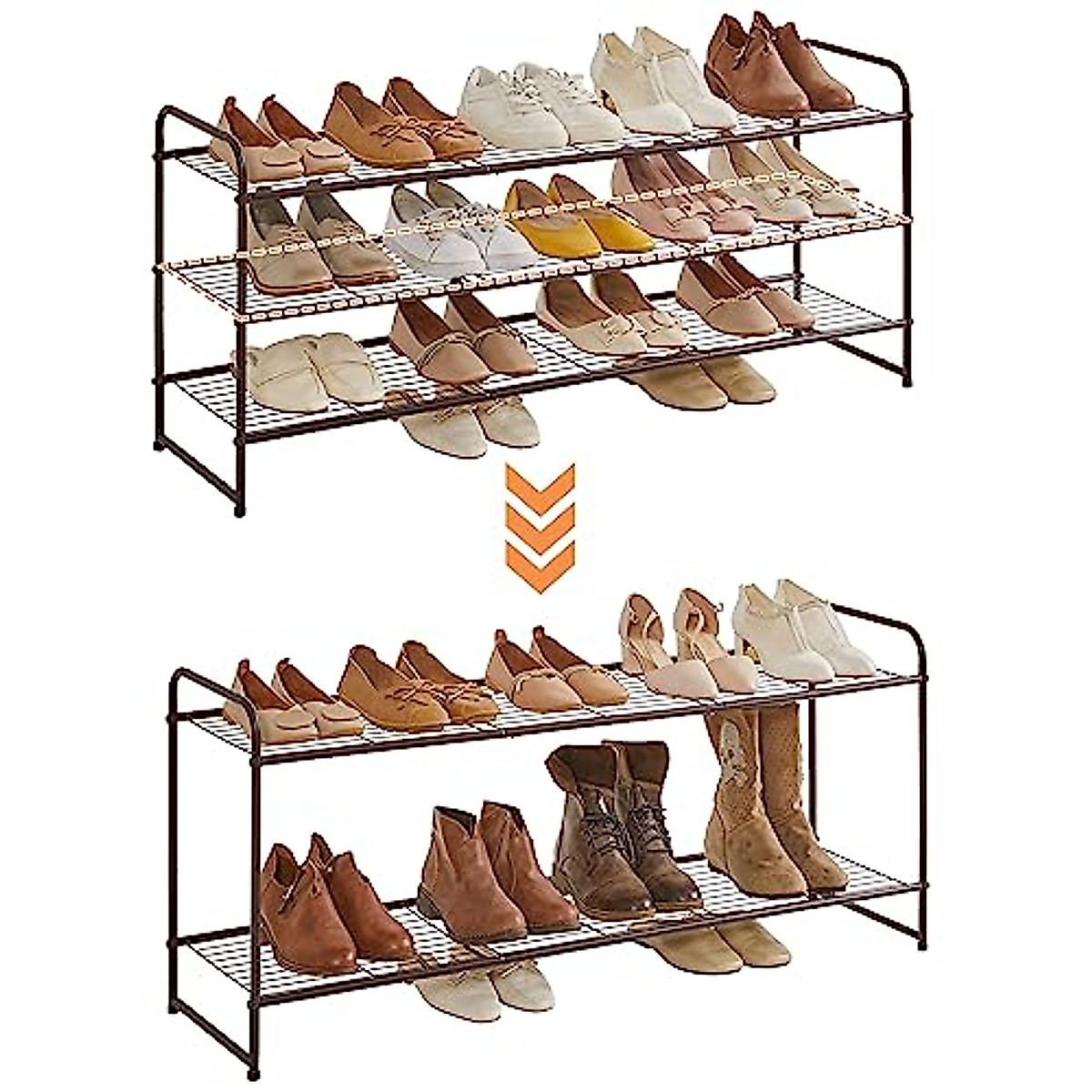 YMYNY Freestanding Shoe Racks, 3 Tiers Stackable & Adjustable Shoe Storage Shelf, Extra Large Capacity Shoe Organizer Stand for 20-24 Pairs, for Entryway, Closet, Bedroom, Brown, 42.9" L, UHXJ302BR