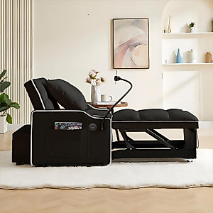 KINFFICT 3-in-1 Sofa Bed, Convertible Sleeper Chair Sofa Bed Adjustable Pull Out Sleeper Chair Bed Multi-Pockets Folding Sofa Bed for Living Room Bedroom Small Space (Black)