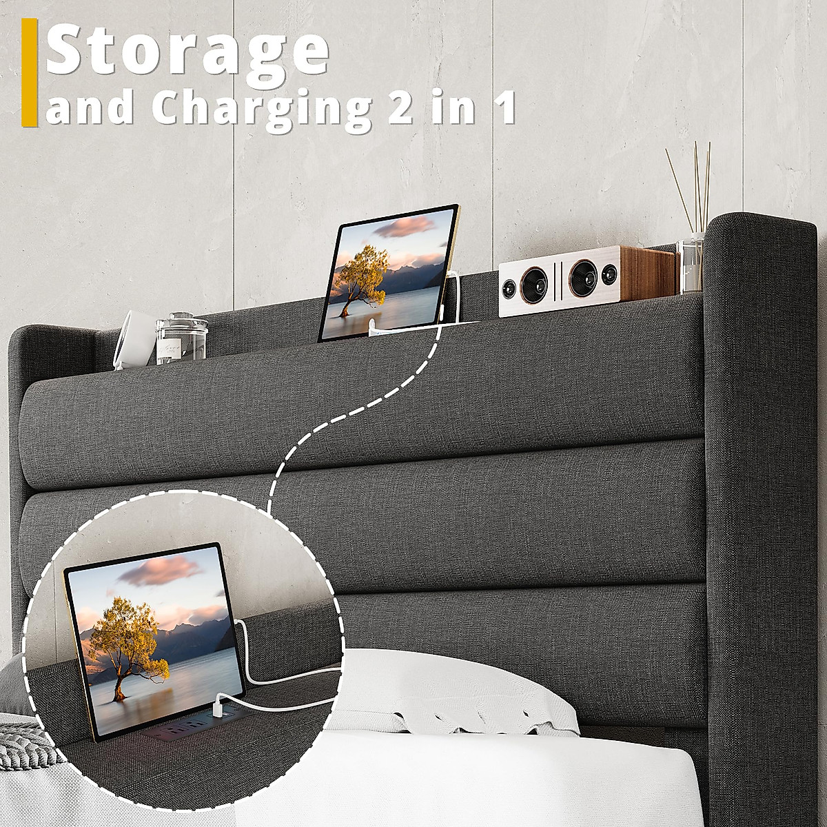 LIKIMIO Queen Size Bed Frame, Storage Headboard with Outlets, Sturdy and Stable, No Noise, No Box Springs Needed, Dark Gray
