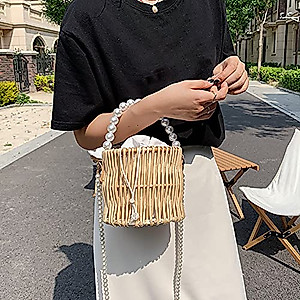 Fashion Straw Bags for Women Beach Rattan Woven Tote Handbags Ladies Summer Top-handle Bags Hobo Purse with Pearl Ornaments (E)