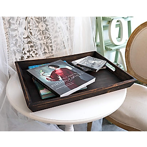 EZDC Extra Large Ottoman Tray, Coffee Table Tray, Wooden Tray Dark Brown 20 x 15.5” Modern Esthetic Decorative Serving Tray with Handles for Drinks and Food