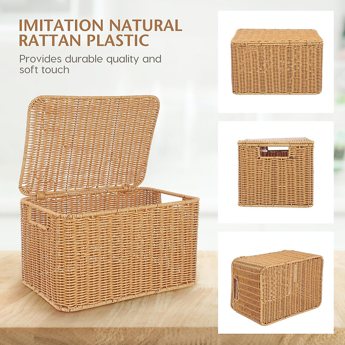 ABOOFAN Wicker Storage Basket with Lid Woven Rattan Seagrass Storage Box Rectangular Household Organizer Boxes Shelf Wardrobe Organizer Cube Clothes Container for Organizing