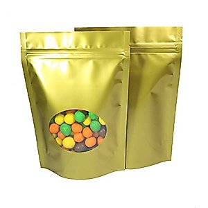 Double-Sided Matte/Glossy Color with Clear Round Window Stand-Up Pouch (6.3" x 8.7", Glossy Gold | 100 Bags)