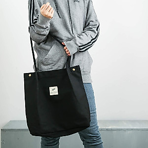 Canvas Tote Bag for Women Washable Reusable Carry Shoulder Bag With Inner Pocket (Black)