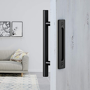 FaithLand 12" Heavy Duty Pull and Flush Door Handle Set in Black, Sliding Barn Door Handle - Fit Doors Up to 2 3/8''