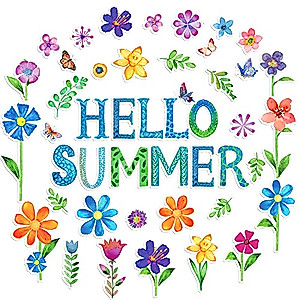 AIEX 53pcs Hello Summer Cut-Outs Floral Cut Outs and Flower Cut Out Paper Elementary Classroom Bulletin Board Decorations for Back to School Bedroom Summer Themed Party Decor