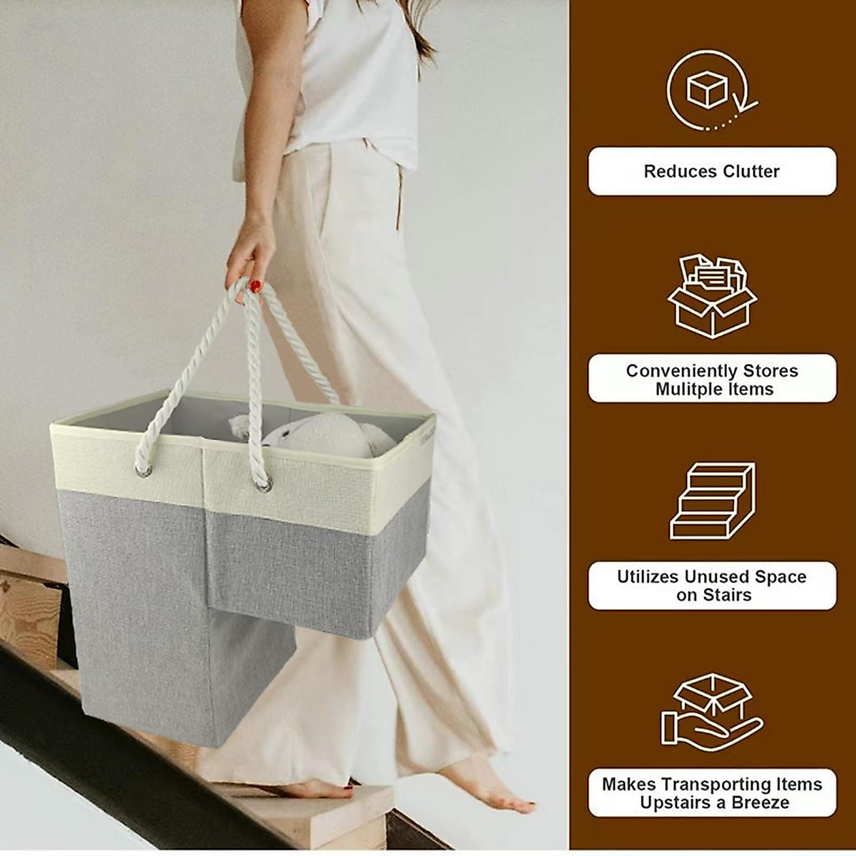 FUFenZHEN Stair Basket for Carpeted and Wooden Stairs, Flax Foldable Stair Step Basket with Rope Handles, Durable Staircase Storage Organizer for Home Toys Clothes- Grey