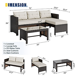 Vongrasig 3 Piece Patio Furniture Sets, All-Weather PE Wicker Outdoor Sofa Couch Sectional Set, Small Conversation Set for Garden/Patio w/Cushion, Glass Table, Beige