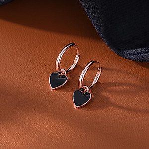 SLUYNZ 925 Sterling Silver Black Heart Hoop Earrings for Women 1.4CM Heart Hoop Dangle Earrings (C-Rose Gold)