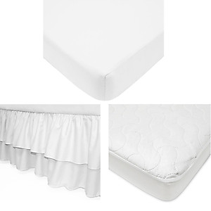 American Baby Company Double Layer Ruffled Crib Skirt Waterproof Mattress Pad Cover and Microfiber Fitted Crib Sheet Bundle, White, for Boys and Girls