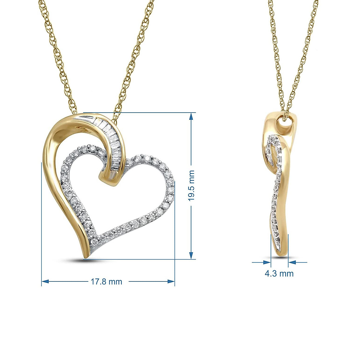 Jewelili 10K Yellow Gold 1/4 Cttw Natural White Baguette and Round Diamond Heart Pendant Necklace, 18" Rope Chain