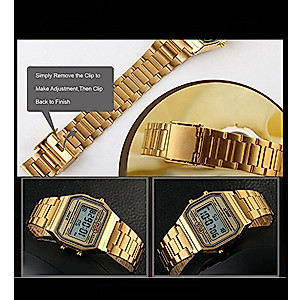 Digital Sports Watch Men's Women Water Resistant Outdoor Stainless Steel Band Electronic Square LED Back Light Wristwatch Gold 1123