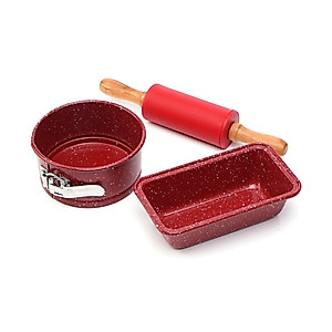 HYTK Nonstick Extra Small Bakeware Sets Baking Learning Tool for Kids Students Include 4Inch Springform Cake Pan, 6Inch Mini Loaf Pan, 9Inch Rolling Pin, BPA Free Cute Personal Portion Control