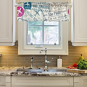 susiyo Travel Passport Visa Stamps Valance Curtain 1 Panel 54x18 inch Rod Pocket Curtain Valance for Kitchen