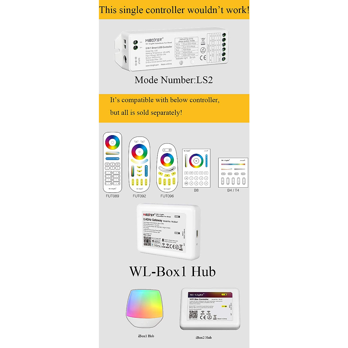 LGIDTECH LS2 LED Strip Lights 5 in 1 Controller,Compatible with Single Color,RGB,RGBW,WW+CW,RGB+CCT LED Strip Lights,Smartphone APP Control via Gateway(Excluded)