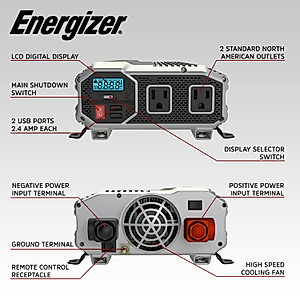 Energizer 1500 Watts Power Inverters for Vehicles, Modified Sine Wave Car Inverter 12v to 110v, 2 AC Outlets, Two USB Ports (2.4 Amp), DC to AC Converter, Battery Cables Included – ETL Approve