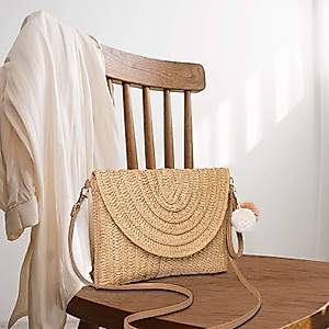 Kadell Straw Shoulder Bag, Women Straw Envelope Clutch Purse, Chic Handmade Straw Crossbody Bag, for Summer Beach (Brown-with pompoms)