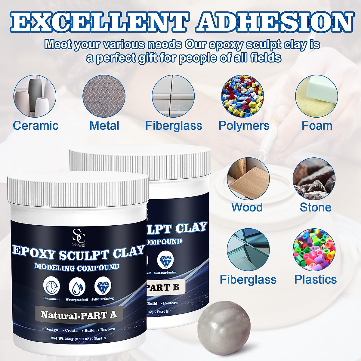 Seocam Epoxy Sculpt Clay, Epoxy Putty for Epoxy Sculpt, 2 Part Modeling Compound (A & B) of Sculpting Clay, Magic Sculpt Epoxy Clay for Sculpting, Modeling, Building and Repairing, 1 Pound, Natural