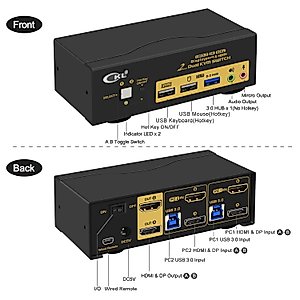 CKL 2 Port USB 3.0 KVM Switch Dual Monitor HDMI 2.0 4K@60Hz(HDMI Out) + DisplayPort 1.4 8K 30Hz 4K 120Hz 144Hz (DP Out), Keyboard Video Mouse Peripherals Switcher for 2 Computers 2 Monitors with Audio