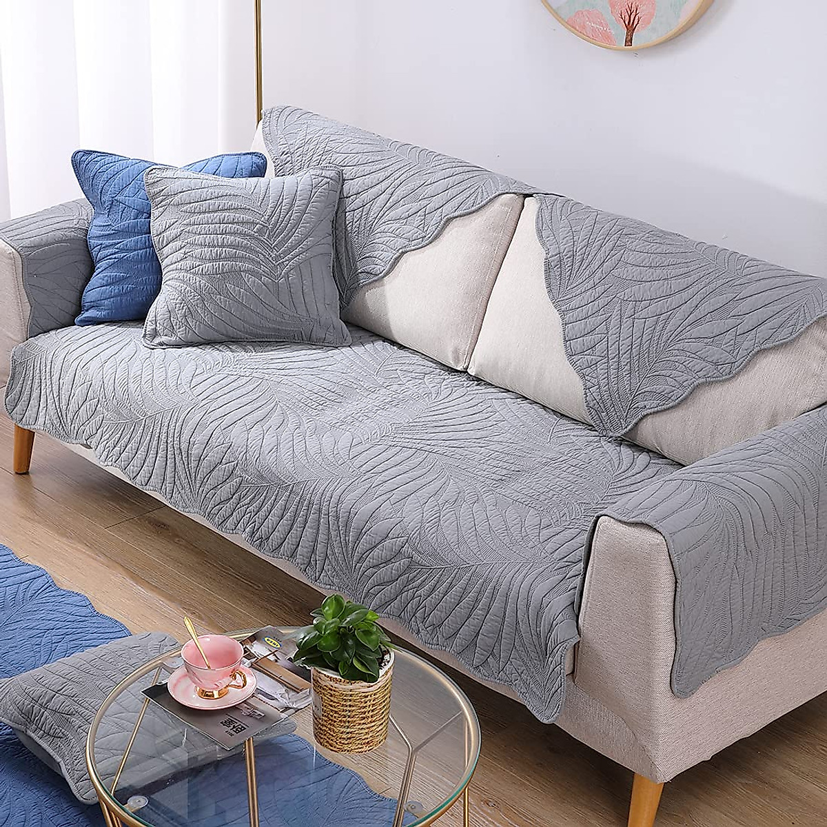 vctops Leaf Embroidery Cotton Couch Sofa Cover Non-Slip Sectional Couch Covers Sofa Slipcover for Dogs Cats Pet Love Seat Recliner Leather L Shaped, Armrest Backrest Cover(Grey,28"x82")