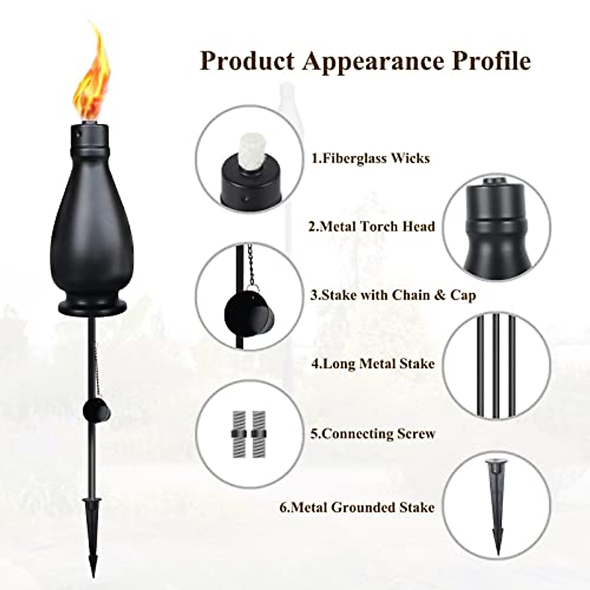 tewei 6 Pack Outdoor Citronella Torches, 59 inch Metal Garden Torches for Outside, Easy to Refill Citronella Outdoor Black Flickering Flame Torch Light for Backyard Outside Patio Lighting Party