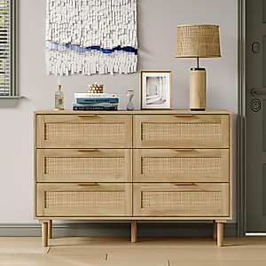 Furniouse 6 Drawer Rattan Dresser for Bedroom, Wooden Dresser Chest of Drawers, Storage Organizer for Closet, Beside Table for Living Room, Entryway