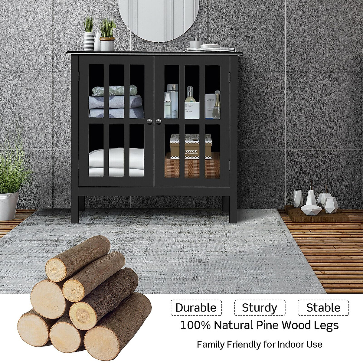 UJOYPAD Double Door Storage Cabinet,Sideboard Buffet Storage Cabinet,Kitchen Sideboard Console with 2 Glass Doors,Entryway Dining Liquor Cabinet,Cupboard Console Table for Kitchen Living Room (Black)