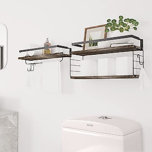 JOVONE Bathroom Shelves with Tissue Rack &Towel Bar, Wall Mounted Floating Shelves, Multifunctional Storage Rack for Bathroom, Kitchen, Bedroom and Living Room, Set of 2 (Carbonized Dark Black)