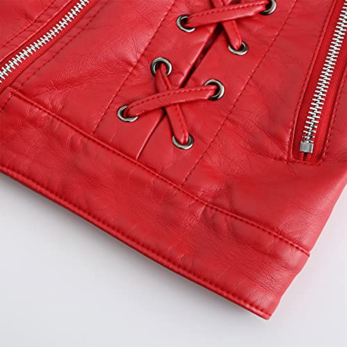 5665 Women Waterproof PU Leather Jackets, Cropped Stand Collar Zipper Biker Jacket Fitted PU Cycling Motorcycle Jacket Coats Red, 3X-Large