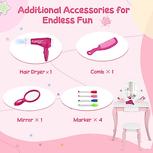 Costzon Kids Vanity Set, 2 in 1 Princess Makeup Dressing Table w/Double-Sided 360° Swivel Mirror, Hairdryer & Accessories, Toddler Vanity with Drawer & Stool, Pretend Play Vanity Set for Little Girls
