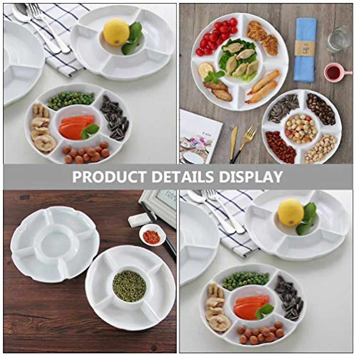 DOITOOL Divided Serving Dish Plastic Melamine Round Relish Platter Tray Appetizer Compartment Bowl for Chips Dip Veggies Candy Snacks