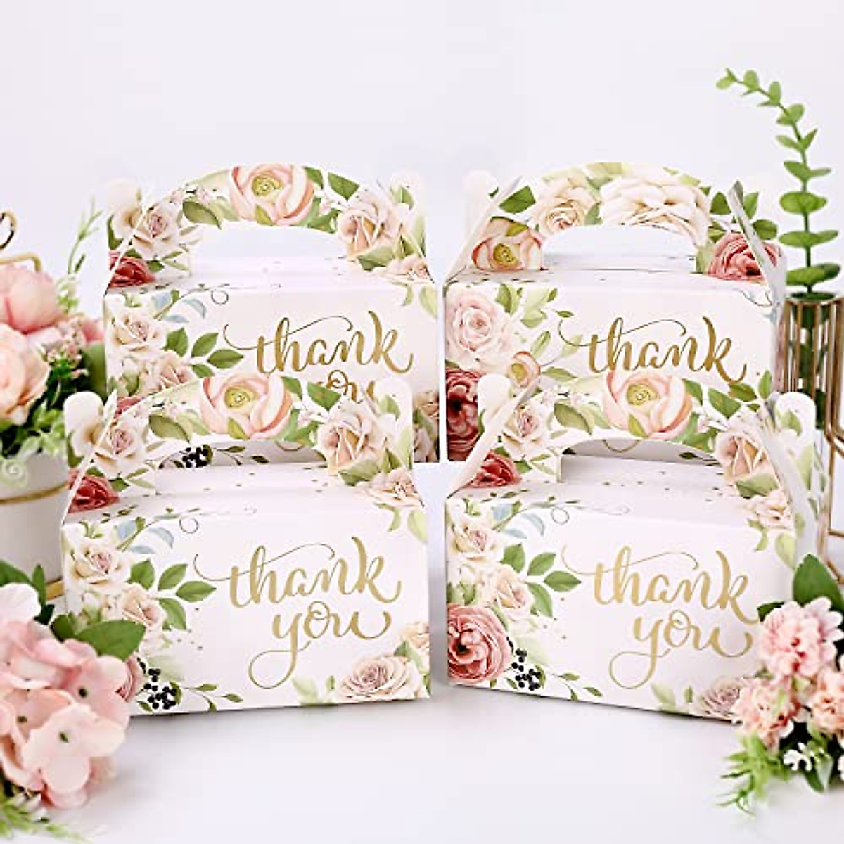 SOSFKIM Gable Treat Boxes Large 24 Pack - Floral Party Favor Boxes Bulk Embossed Foil 6.3x 3.5x 3.5in - Goodie Gable Boxes for Baby Shower, Wedding, Birthday