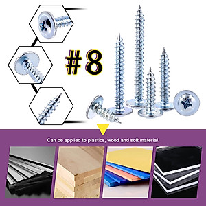 Swpeet 180Pcs 6 Sizes #8 x 1/2", 5/8", 3/4", 1", 1-1/4", 1-1/2" Phillips Modified Truss Head Wood Screws Assortment Kit, Blue White Zinc Alloy Carbon Steel Standard Self Tapping Sheet Metal Screws