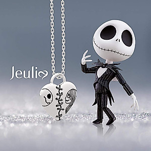 Jeulia Jack Skellington and Sally Heart Necklace 925 Sterling Silver The nightmare before Chirstmas Pendant Necklace Halloween Chrismas Romantic Jewelry Gift for Women Men Girlfriend