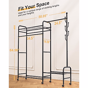 FYBEE 3-In-1 Clothes Racks For Hanging Clothes with Coat Rack, Heavy Duty Clothing Rack with Shelves Load 620Lbs, Portable Garment Racks with Lockable Wheels, Multi-Functional Closet Rack For Bedroom