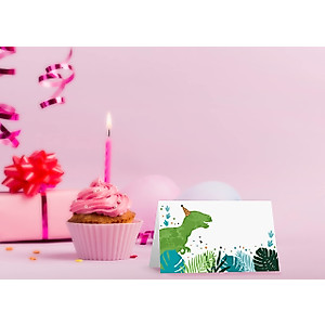 Table Place Card, Dinosaur Themed Tent Style Cards, Pack of 25 Half-Fold Reception Place Card, Green Blue Dino Food Labels, Perfect for Baby Shower, Dinosaur Birthday Party C06