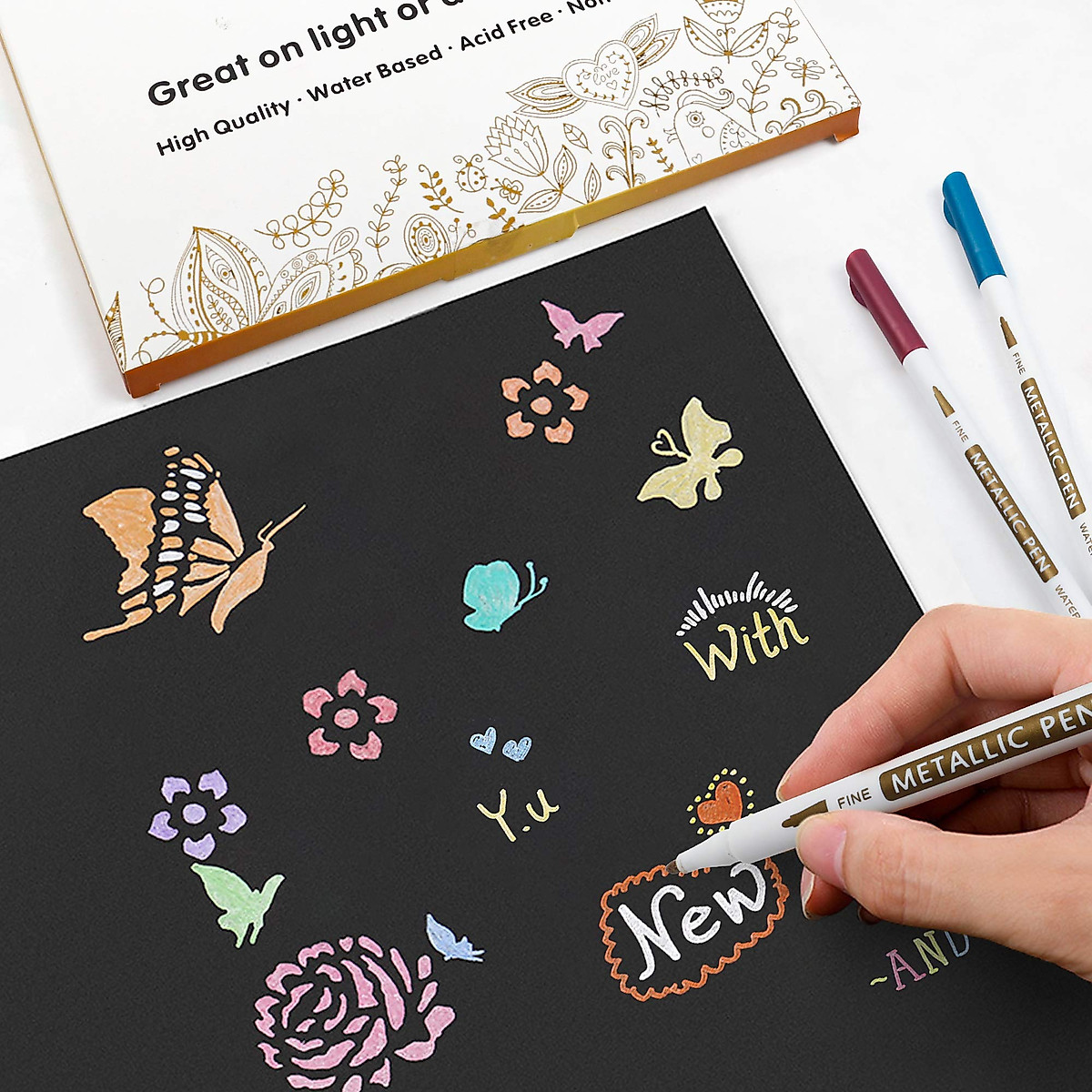 30 Pack Metallic Marker Pens, Lineon 24 Colors Fine Tip Paint Pens with 6 Stencils for DIY Craft Photo Album Rock Art Painting Card Making Glass Wood